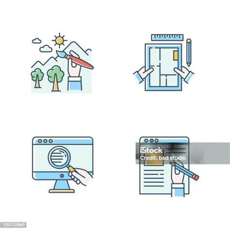 먼 작업 Rgb 색상 아이콘 설정 프리랜서 일러스트레이터 카피라이터 및 인테리어 디자이너 웹 연구 예술 및 아파트 디자인 기사