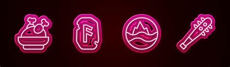 세트 라인 구운 칠면조 또는 닭고기 마법 룬 바다와 파도 스파이크가 있는 메이스 빛나는 네온 아이콘입니다 벡터 고기에 대한 스톡 벡터 아트 및 기타 이미지 Istock