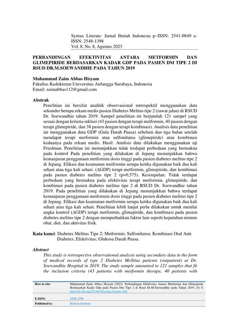 Pdf Perbandingan Efektivitas Antara Metformin Dan Glimepiride
