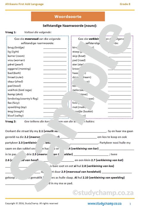 Grade 8 Afrikaans Selfstandige Naamwoorde En Byvoeglike Naamwoorde