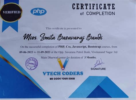 i have completed php css javascript and bootstrap courses at vtech… smita bandi