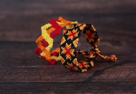 Tied Woven Friendship Bracelets With Bright Colorful Patterns Handmade Of Thread Isolated On