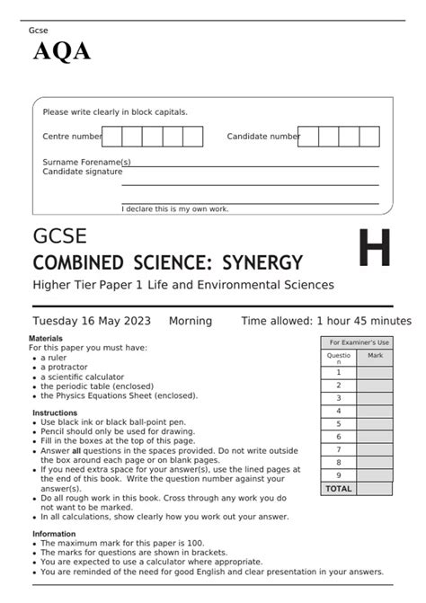 Aqa Gcse Combined Science Synergy Higher Tier Paper 1 June 2023