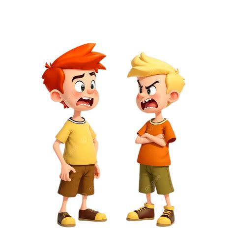 卡通人物 憤怒的男孩 對抗 風格化 3d渲染 鮮豔的色彩 橙色頭髮 金發 黃色和襯衫 棕色 綠色 短褲 富有表現力的面孔 兒童插畫風格 誇張的面部特徵 動態姿勢 情感場景 衝突 數字 約