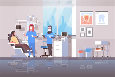 아랍 치과 의사와 함께 히 잡에는 치과의 자 전문 치과 사무실 현대 클리닉 인테리어 아랍어 문자 전체 길이 편평한 수평에 누워 남자의 치아 드릴링 가구에 대한 스톡 벡터