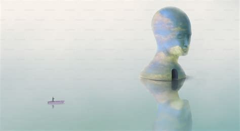 영적 마음 영혼 자유 꿈 동기 부여 성공 두뇌와 희망 개념적 아이디어 아트워크 환상의 하늘 섬이 있는 보트에 혼자 있는 남자의 초현실적인 그림 3d 그림