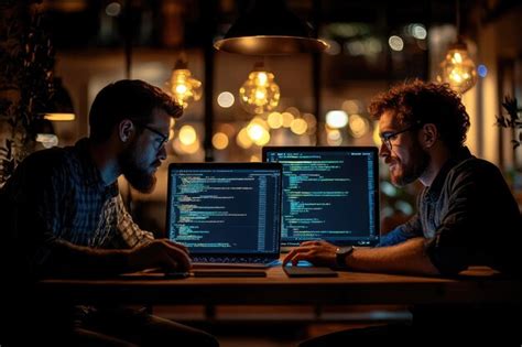 collaborative programmers coding together at a modern office table with