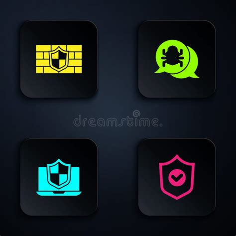 Set Shield With Check Mark Brick Wall Laptop Protected Shield And System Bug Black Square