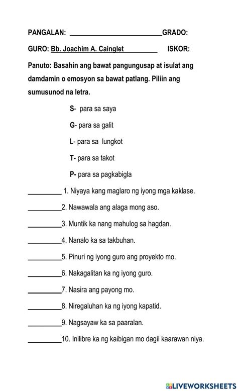 Pagkilala Sa Sariling Damdamin O Emosyon Worksheet Live 45 Off