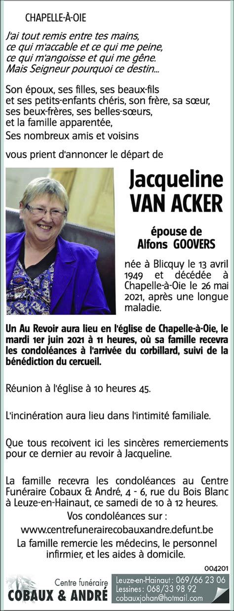 Jacqueline Van Acker † 26 05 2021 Inmemoriam