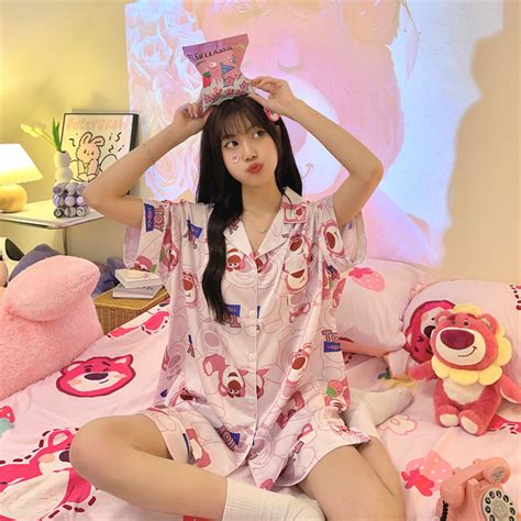 랏소 반팔 실크 잠옷 핑크 디즈니 캐릭터 여름 냉감 파자마