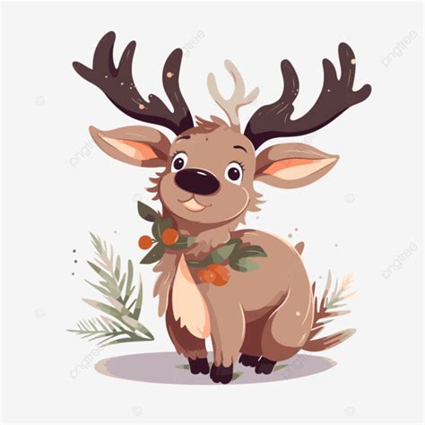 귀여운 순록 벡터 스티커 클립 아트 머리와 몸 만화에 뿔과 열매가 달린 귀여운 사슴 상표 클립 아트 Png 일러스트 및