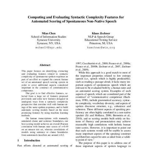 Computing And Evaluating Syntactic Complexity Features For Automated Scoring Of Spontaneous Non