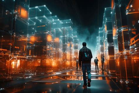 Shot Of Man Walking Data Center Database Data Storage Backup Cyber Security And Futuristic