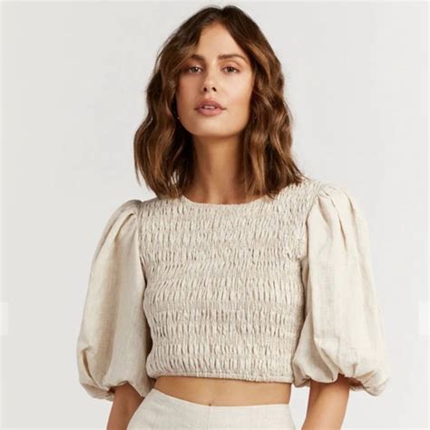 Dissh Tops Dissh Nwt Frankie Natural Linen Shirred Crop Top Wpuff