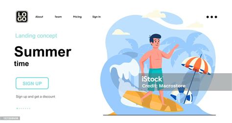 여름 시간 웹 개념 남자 서핑 해변 리조트에서 휴식 바다 휴가 물 활동 사용자 장면의 템플릿입니다 웹 사이트에 대한 평면 디자인에서 캐릭터 활동이있는 벡터 일러스트레이션