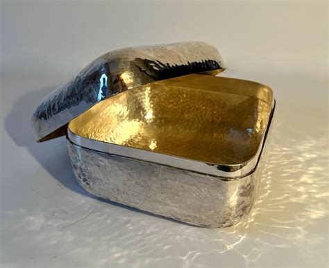 Silver Plate Hand Hammered Lidded Box With Rounded Corners For Sale At