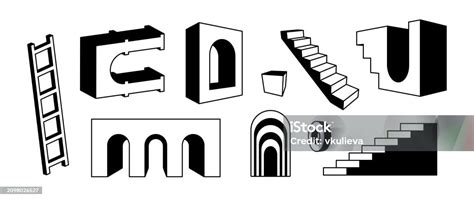원근법으로 선 계단과 아치를 모았습니다 윤곽선 초현실적인 기하학적 요소 세트 대담한 3d 아크 문 사다리 계단 게이트 번들 콜라주 포스터 배너 스티커를 위한 트리피 모양