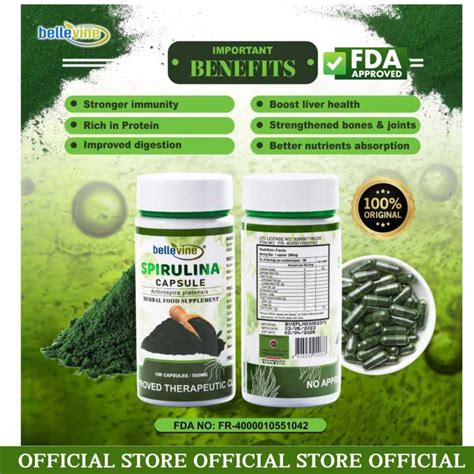Spirulina Herbal Food Supplement Fda Approved 100capsule By Bellevine