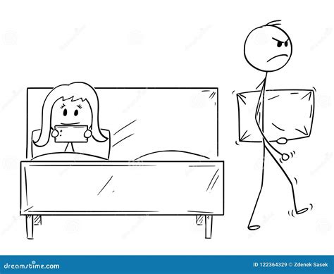 Cartoon Of Couple Man Was Rejected By Woman And Is Leaving Bed With Pillow Stock Vector