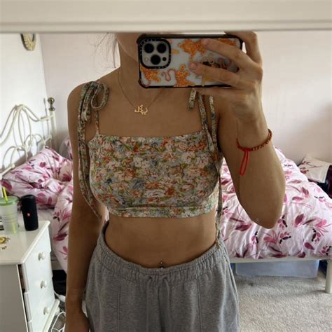 Flower Patterned Crop Top With Tie Strings Depop