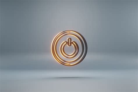 파란색 배경에 노란색 조명 기호 아이콘이 있는 아름다운 검은색 라운드 전원 버튼 3d 렌더링 그림입니다 디자인을 위한 배경