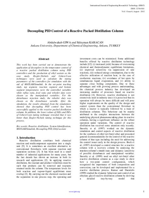 Pdf Modelling Simulation And Optimization Of A Reactive Distillation