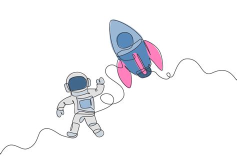 Single Continuous Line Drawing Of Astronaut In Spacesuit Flying At Outer Space With Rocket