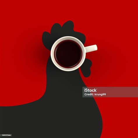 빨간 배경 커피 개념 그림 3d 렌더링에 고립 된 닭의 형태로 커피 한 잔의 상위 뷰 3차원 형태에 대한 스톡 사진 및 기타 이미지 3차원 형태 갈색 고급 요리