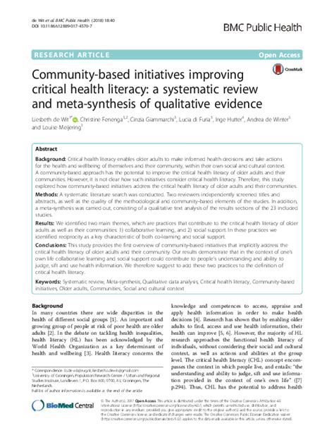 Pdf Community Based Initiatives Improving Critical Health Literacy A Systematic Review And
