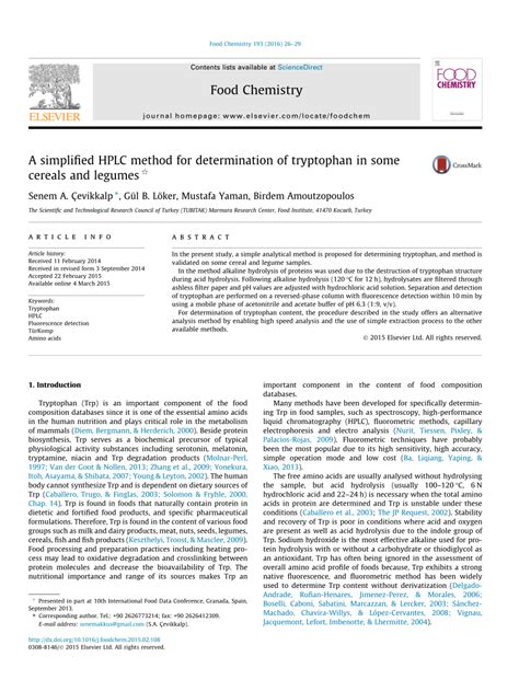 Pdf A Simplified Hplc Method For Determination Of Tryptophan In Some Cereals And Legumes