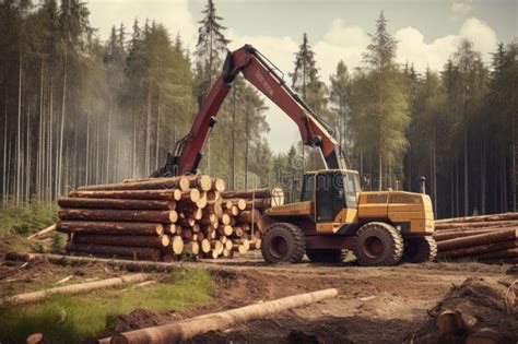 Logging Industry Scene With Heavy Machinery Cutting Loading And