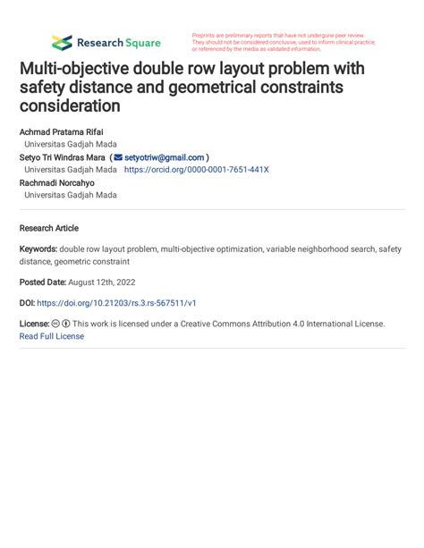 Pdf Multi Objective Double Row Layout Problem With Safety Distance And Geometrical Constraints