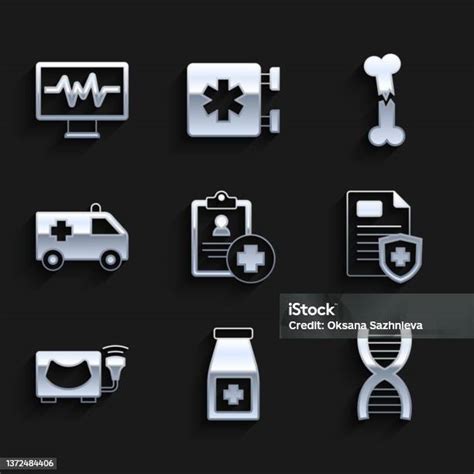 환자 기록 의학 병 및 알약 Dna 기호 초음파 구급차 자동차 인간 부러진 뼈 및 심장 검사 아이콘모니터를 설정합니다 벡터 건강 진단에 대한 스톡 벡터 아트 및 기타 이미지