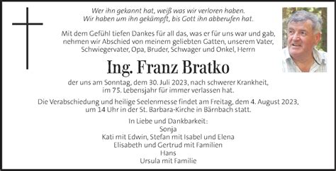 Traueranzeigen Von Franz Bratko Trauer Kleinezeitung At