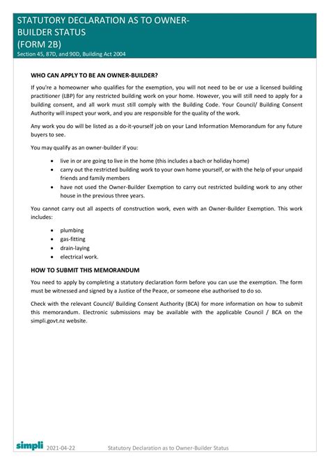 Statutory Declaration As To Owner Builder Status Fill And Sign Online