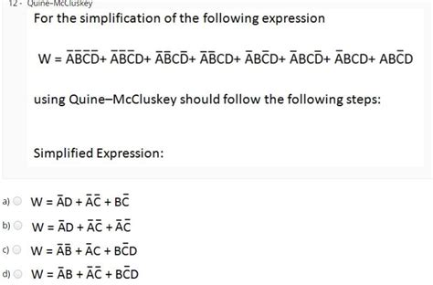 Solved 12 Quine Mccluskey For The Simplification Of The