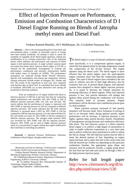 Pdf Effect Of Injection Pressure On Performance Emission And Combustion Characteristics Of D
