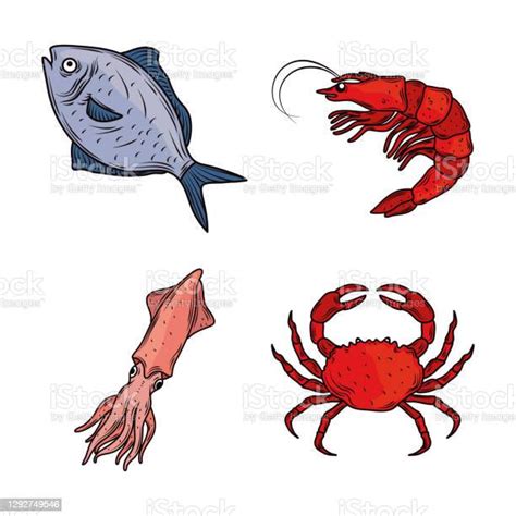 해산물 생선 게 오징어 새우 메뉴 미식가 신선한 아이콘 고립 된 이미지 건강한 식생활에 대한 스톡 벡터 아트 및 기타 이미지 건강한 식생활 게 굽기 Istock
