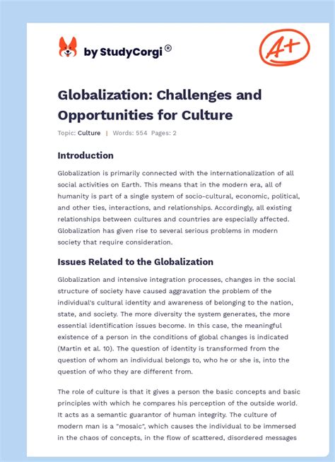 Globalization Challenges And Opportunities For Culture Free Essay Example