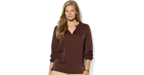 Ralph Lauren Plus Size Long Sleeve Satin Blouse In Brown Lyst
