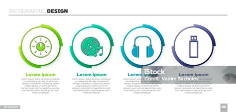 다이얼 노브 레벨 기술 설정 비닐 디스크 헤드폰 및 Usb 플래시 드라이브를 설정합니다 비즈니스 인포그래픽 템플릿입니다 벡터 Usb 케이블에 대한 스톡 벡터 아트 및 기타