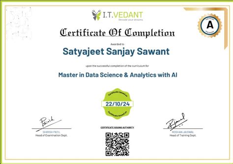 Datascience Ai Analytics Itvedant Mastersdegree Achievement Satyajeet Sawant