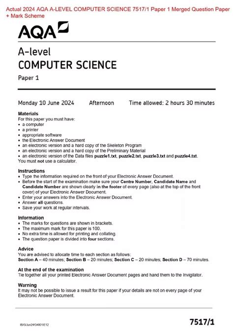 Actual 2024 Aqa A Level Computer Science 75171 Paper 1 Merged Question Paper Mark Scheme