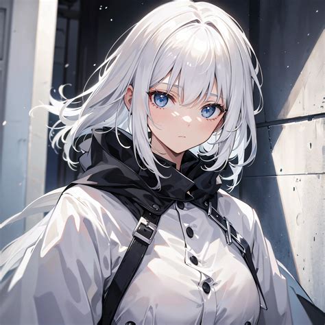 흰 머리와 파란 눈을 가진 애니메이션 소녀가 벽 앞에 서 있다 Seaart Ai