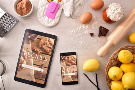Using Digital Cookbook App In Devices In Pastry Stock Image Image Of