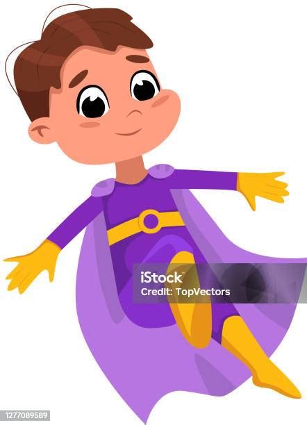 보라색 슈퍼 히어로 의상에 귀여운 소년 사랑스러운 아이 슈퍼 히어로 캐릭터 만화 스타일 벡터 일러스트 독일에 대한 스톡 벡터 아트 및 기타 이미지 Istock