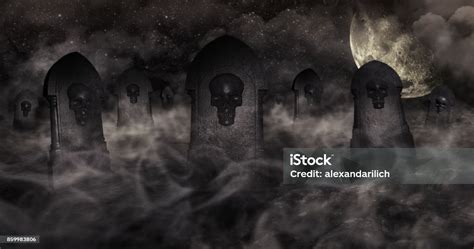 묘지 삭제 표시 두개골과 흐린 밤 하늘 배경에서 스타의 전체 할로윈 개념 3d 그림 10월에 대한 스톡 사진 및 기타 이미지 10월 3차원 형태 가을 Istock