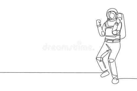 Single One Line Drawing Female Astronaut Stands With Celebrate Gesture Wearing Space Suit