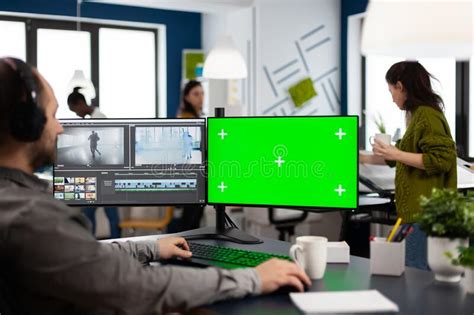 Videographer Using Computer With Chroma Key Display Stock Image Image Of Mockup Greenscreen